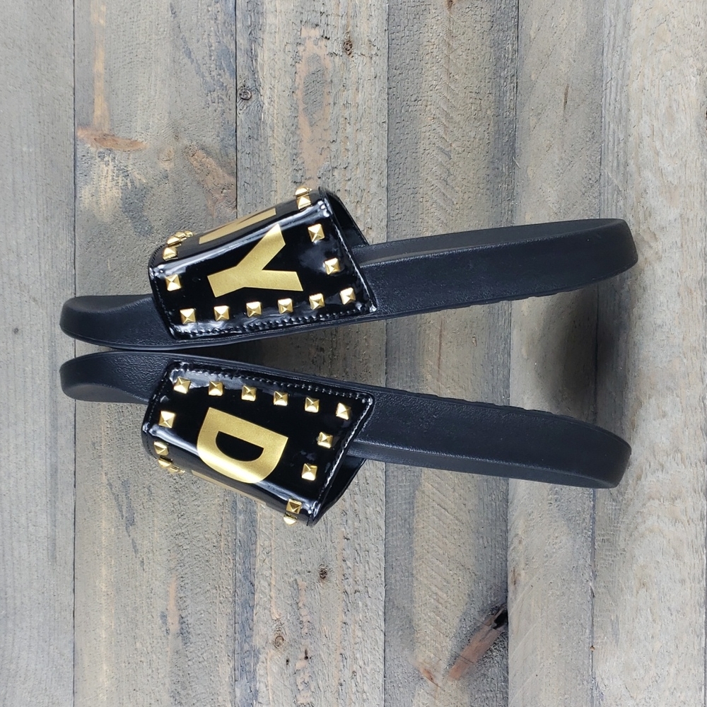 Dkny Logo Band Slides Sandals Black Gold New - Gem